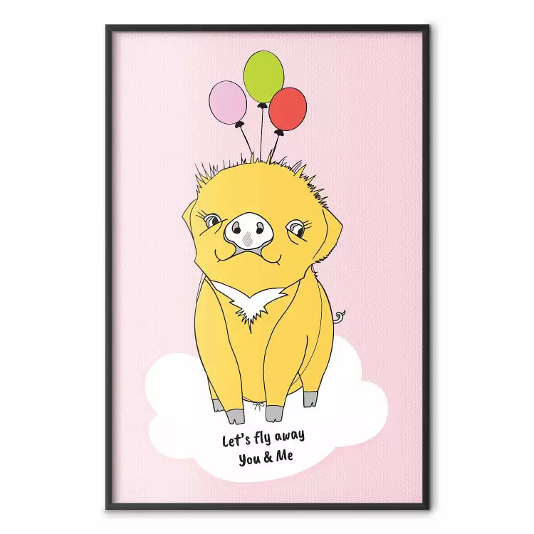 Poster Cochon volant - animal jaune avec ballons, textes en anglais ...