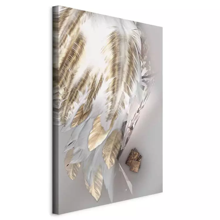 Tableau Ange déchu vertical - plumes dorées sur fond gris - bimago.fr