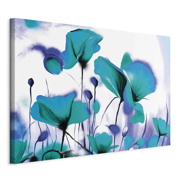 Toile déco Pré turquoise large - coquelicots bleus sur fond coloré ...