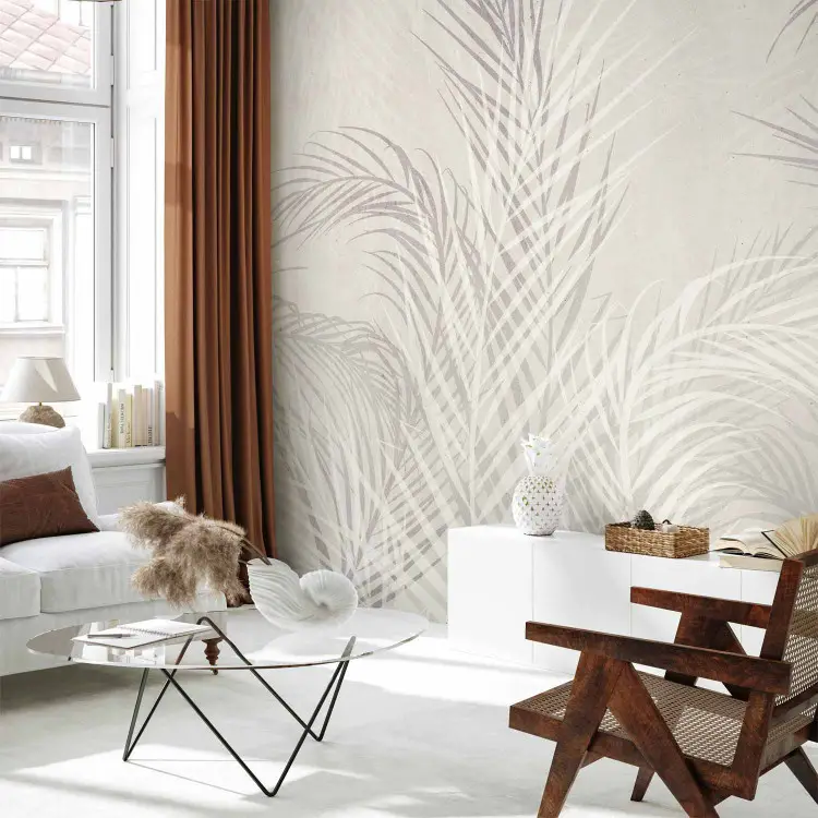 Papier peint déco Palmiers au vent - brindilles grises avec feuilles ...