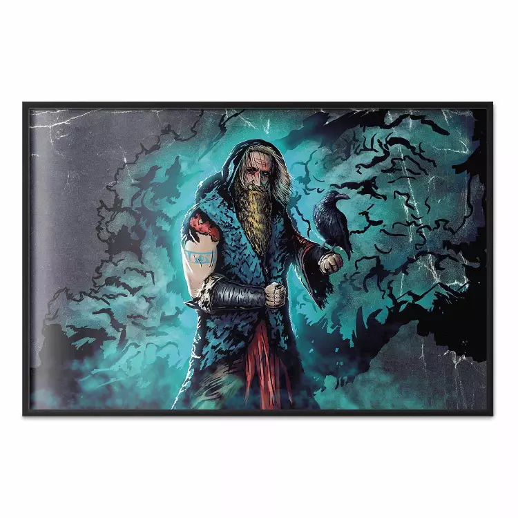 Poster Viking en style BD - guerrier avec corbeau sur fond sombre ...