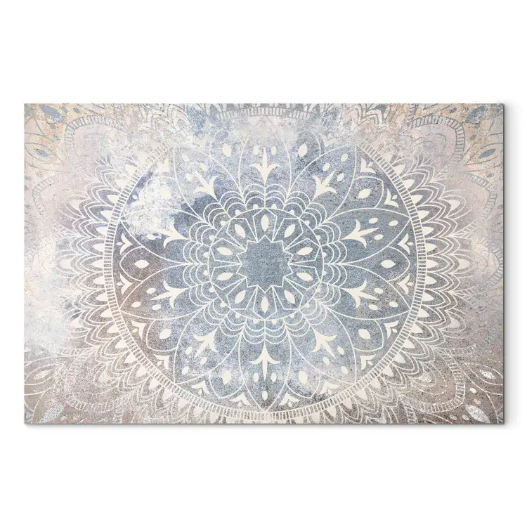 Grand tableau déco Mandala lumineuse - ornement crème sur fond bleu ...