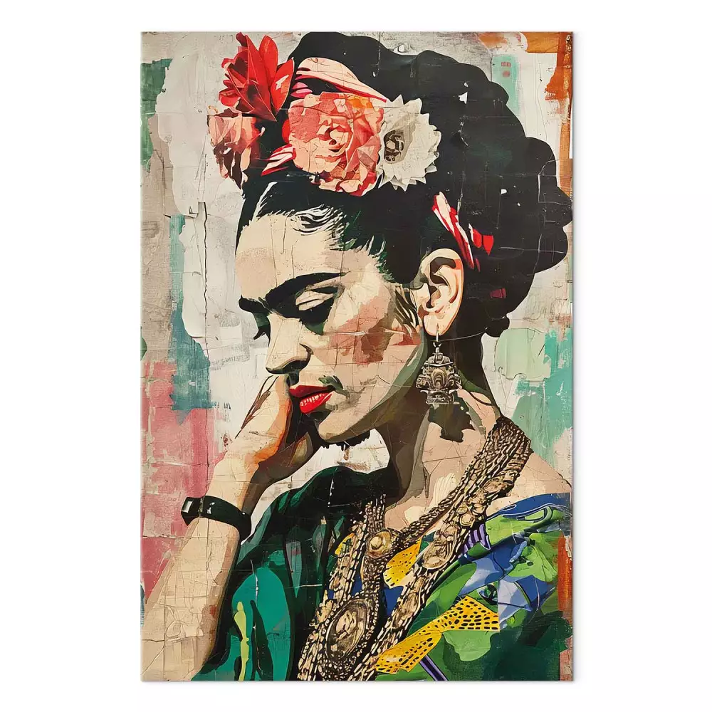 Grand tableau Frida Kahlo - portrait coloré de femme sur mur fissuré ...