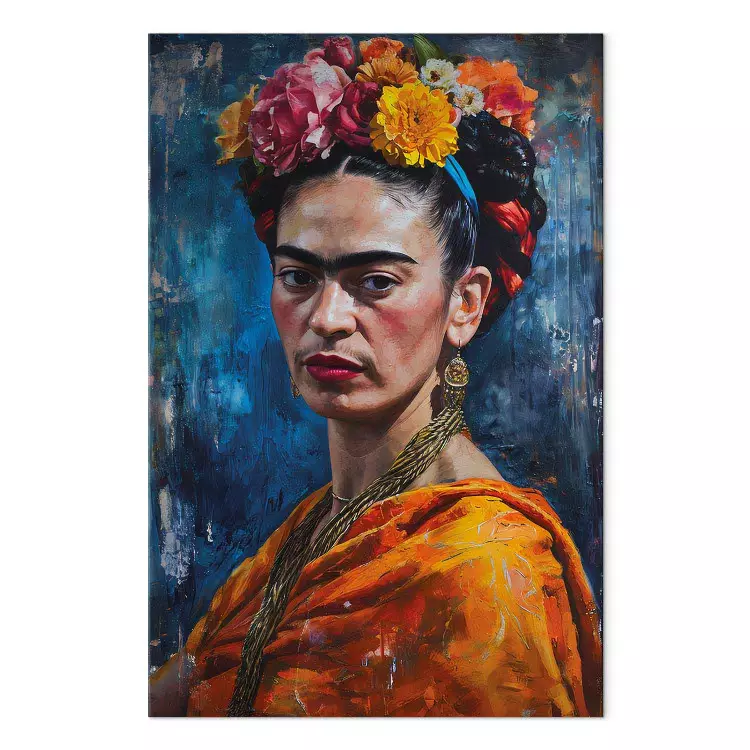Grand tableau Frida Kahlo - portrait de peintre sur fond bleu marine ...