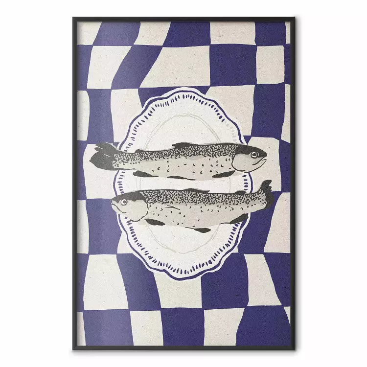 Poster mural Poissons et quadrillage - composition minimaliste bleu et ...