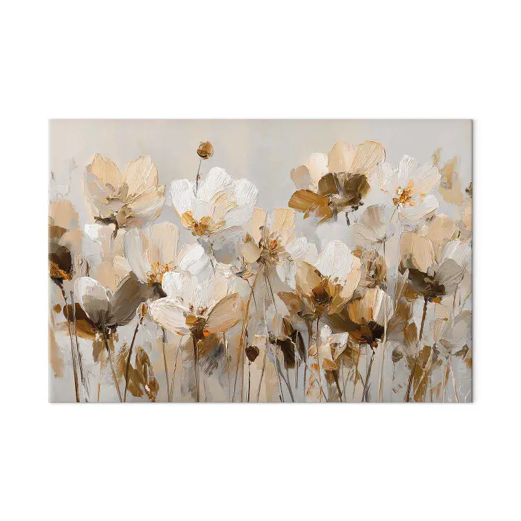 Grand tableau mural Beige Flowers – hand-painted petals in a modern ...