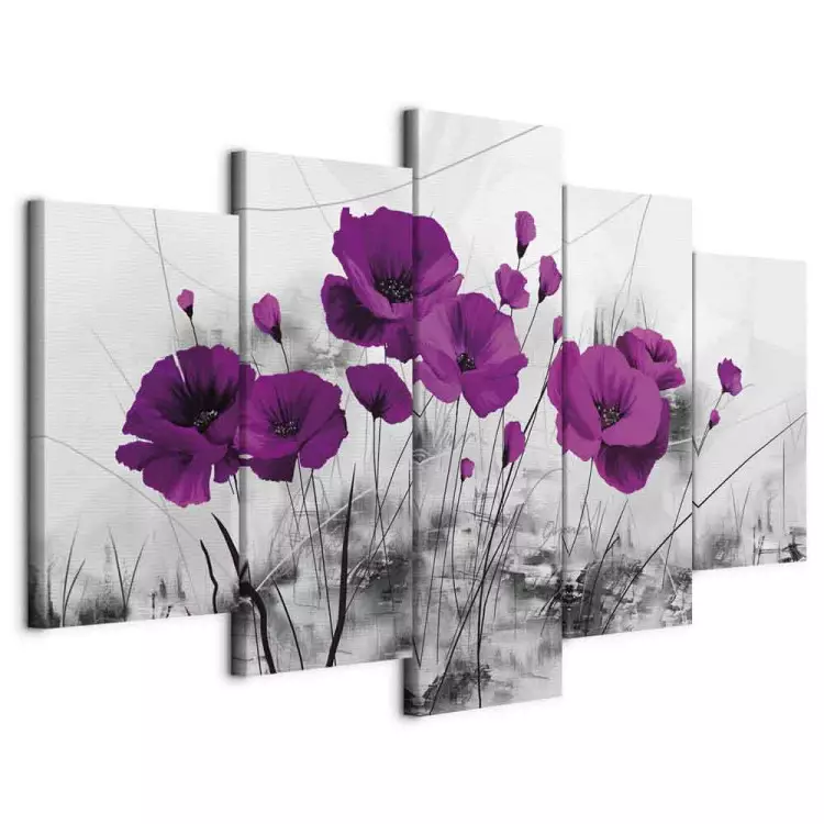 Tableau contemporain Pavots violets (5 pièces) - Fleurs sur fond aux ...