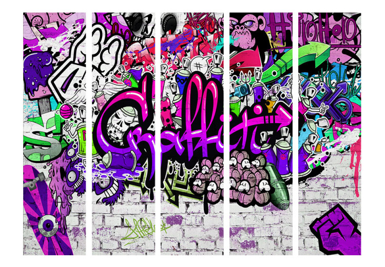 Paravent Graffiti violet - motifs urbains sur texture brique - Paravents